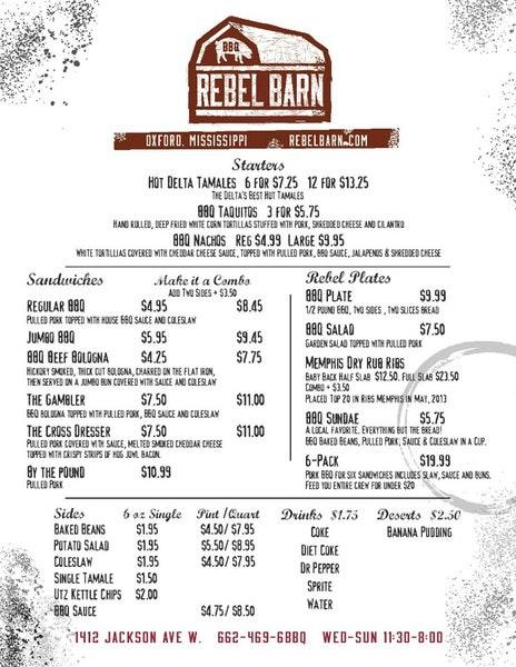 Menu at Rebel Barn, Oxford, Jackson Ave W
