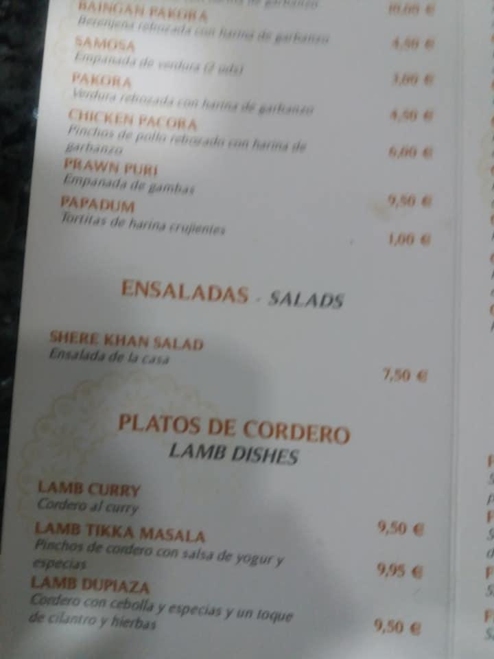 Menu at Restaurante Shere Khan, Moncada