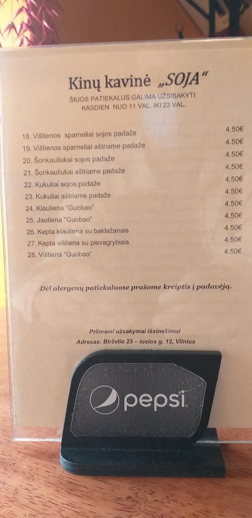 Menu at Soja restaurant, Vilnius, Birželio 23-iosios g. 10