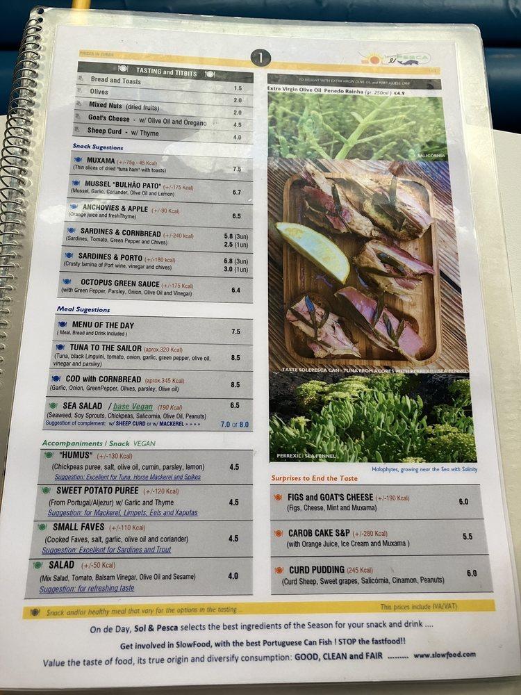 Menu at Sol e Pesca restaurant, Lisbon