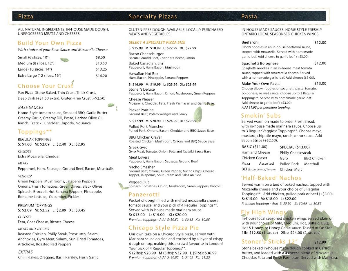 Menu at Stoner's Grub House pizzeria, London