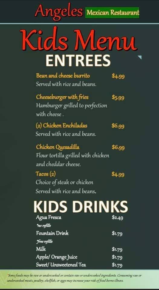 Menu at Angeles Mexican Restaurant, Krum