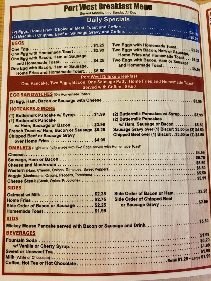 Menu at Port West Restaurant, Westernport