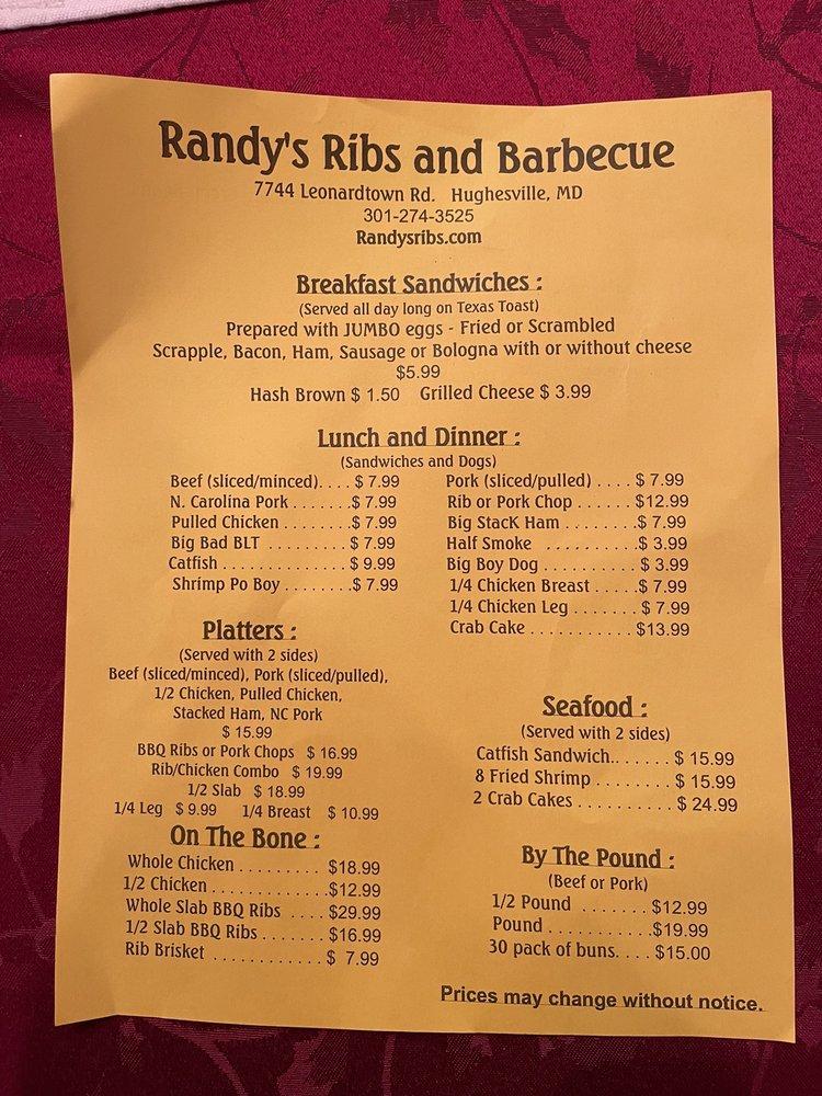 Menu at Randy's Ribs & BBQ, Hughesville
