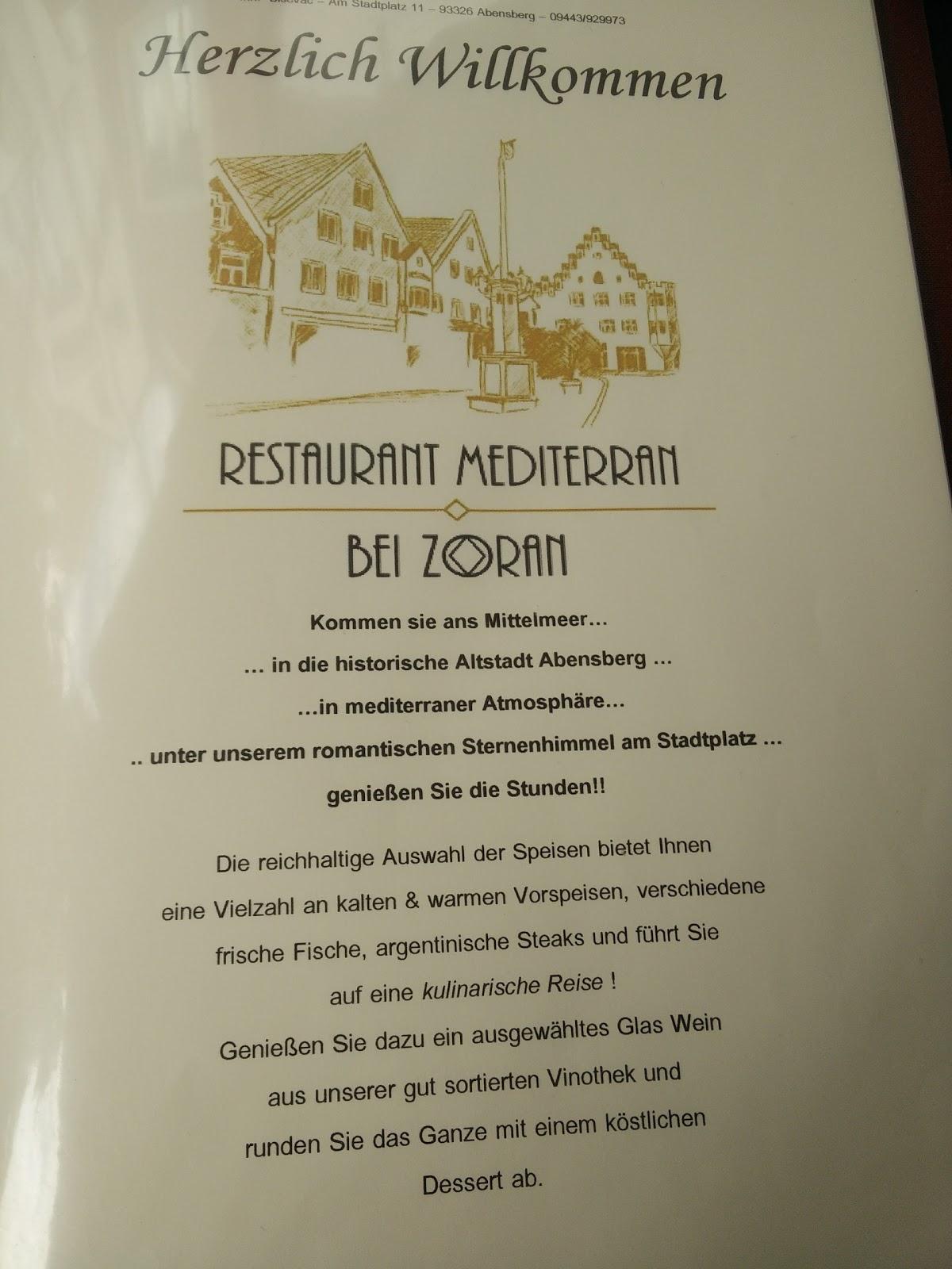 Speisekarte von Restaurant Mediterran bei Zoran, Abensberg