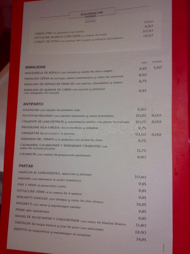 Carta del restaurante Rugantino, Madrid