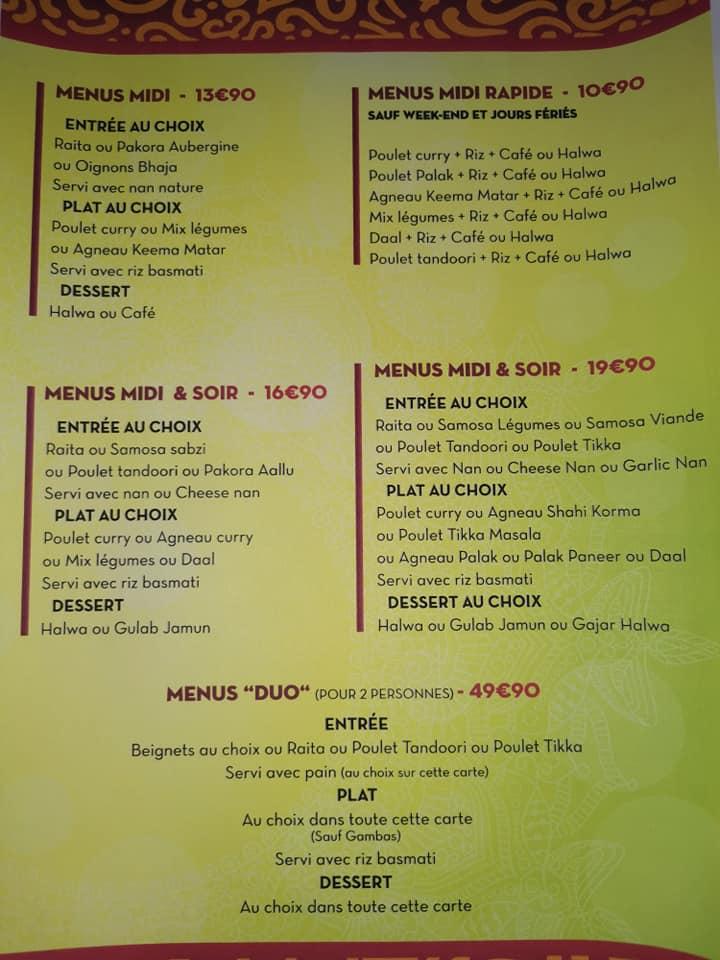 Menu au Shiva - Restaurant indien, Reims