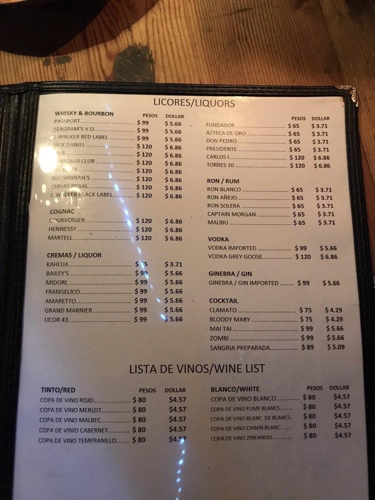 Menu at Tapanco steakhouse, Rosarito