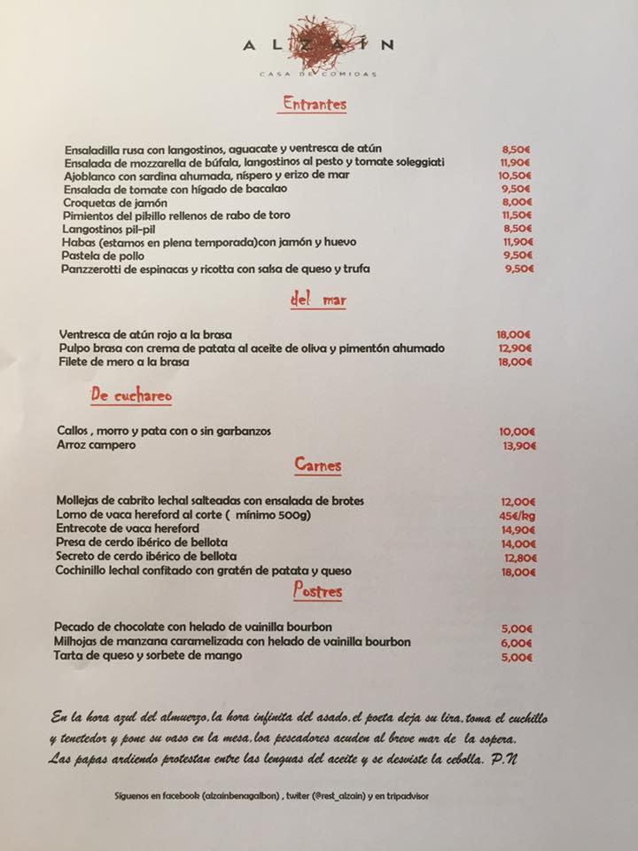 Menu at restaurante Alzaín, Rincón de la Victoria