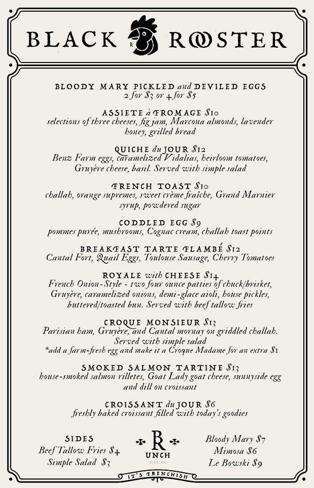 Menu at Black Rooster restaurant, West Columbia