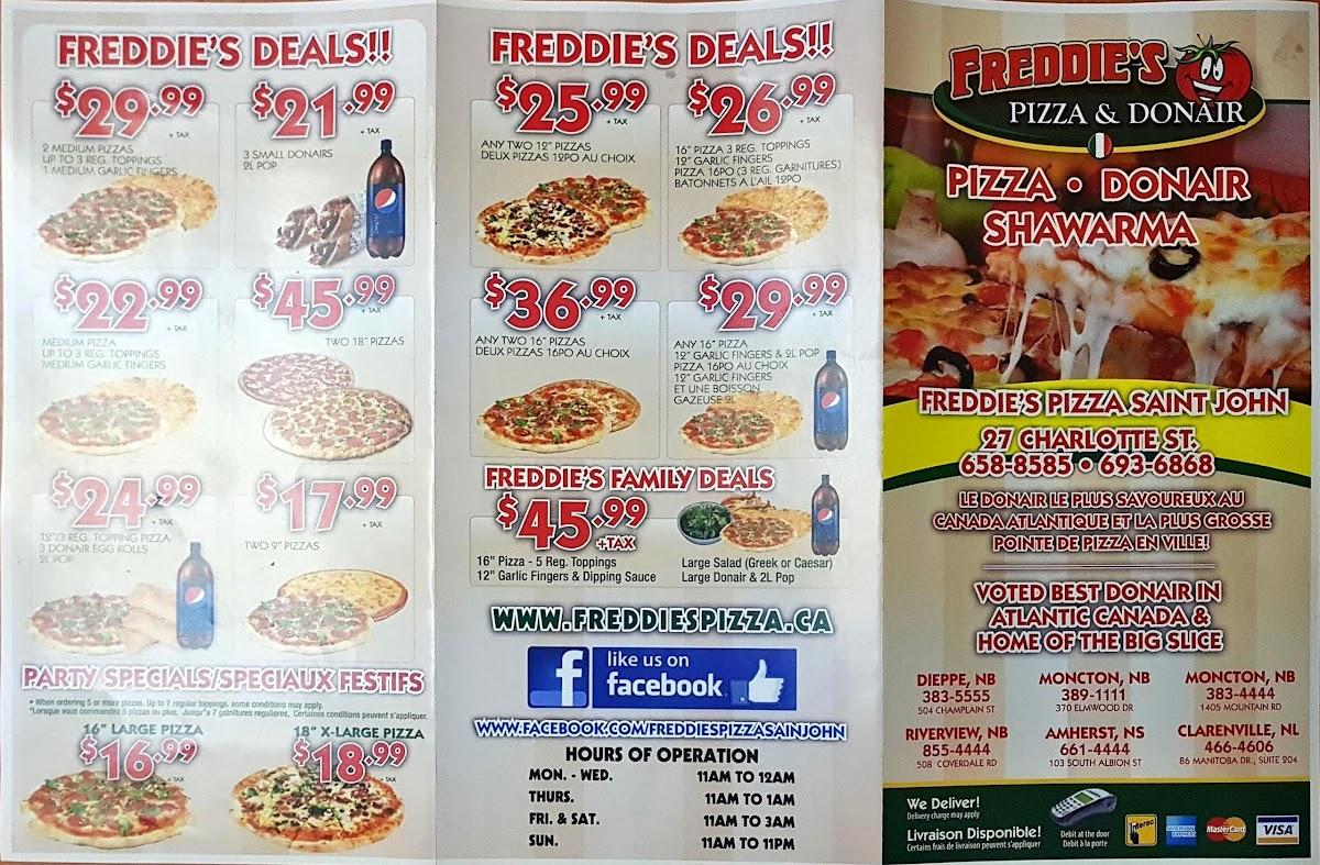 Menu au Freddie's Pizza Saint John pizzeria, Saint-John