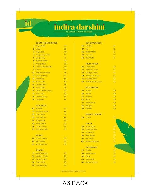 Menu at Indira Darshini, Bengaluru, 11/1