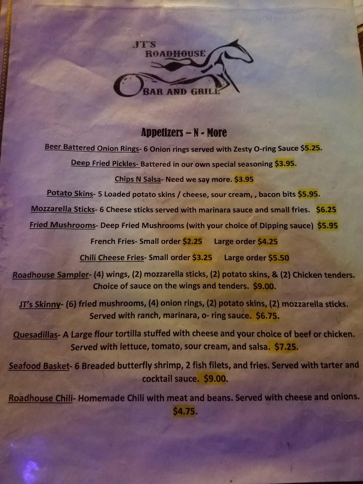 Menu at JT's Roadhouse Bar, Tampa
