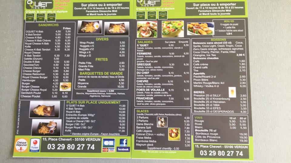 Menu au O Quiet Kebab restaurant, Verdun