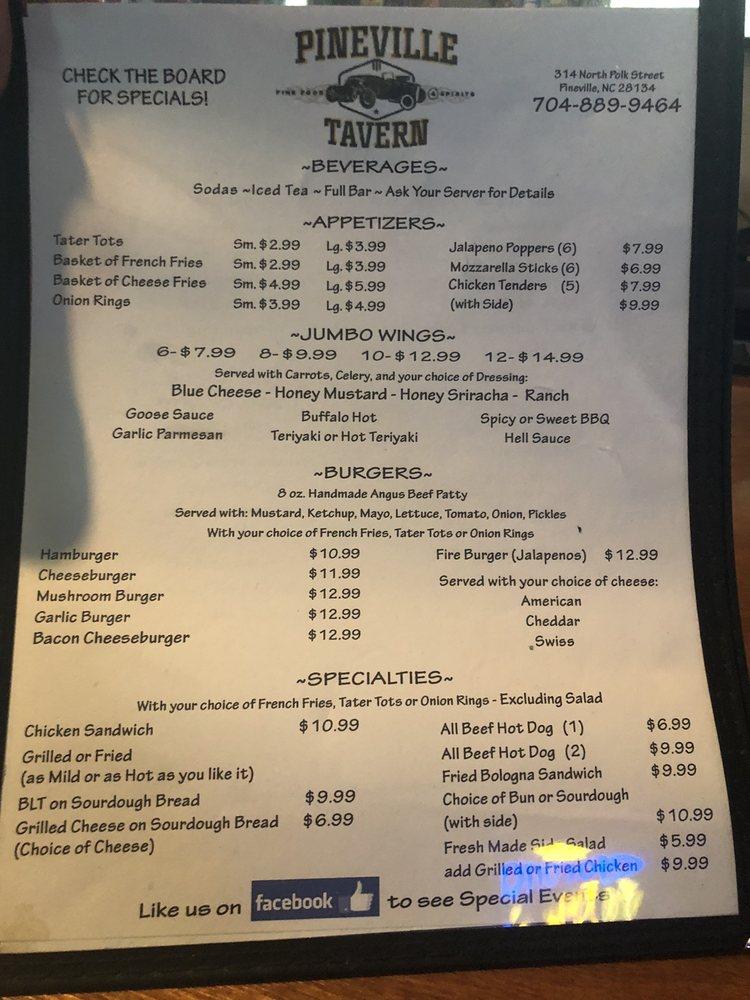 Menu at Pineville Tavern pub & bar, Pineville