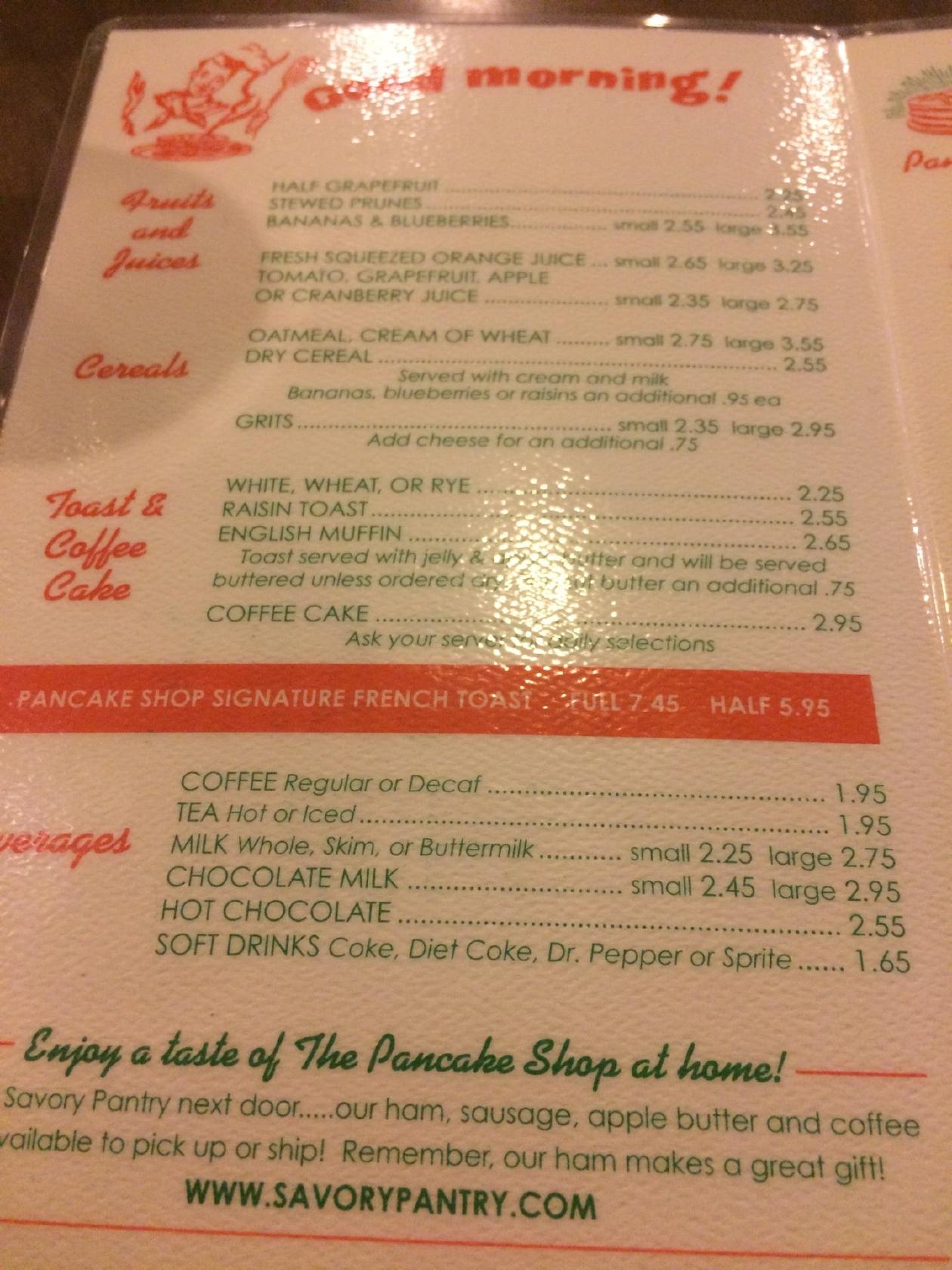 Menu at The Pancake Shop pub & bar, Hot Springs