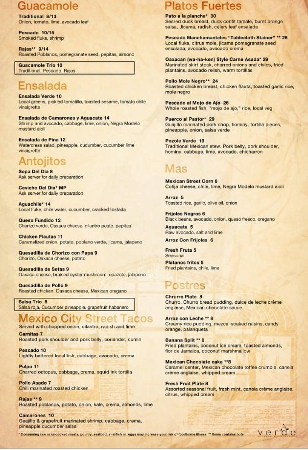 Menu at Verde Kitchen & Cocktails pub & bar, Bay Shore