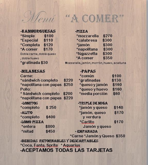 Menu at "A COMER" restaurant, Formosa