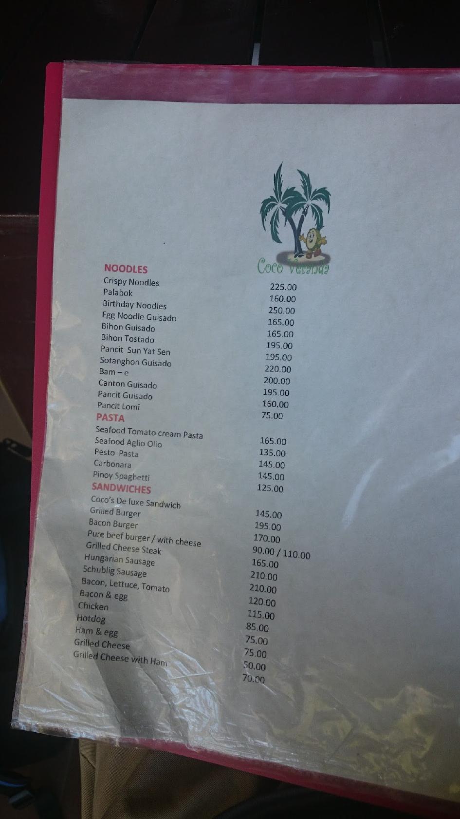 Menu at Coco Veranda restaurant, Roxas City, JP4M+PR3