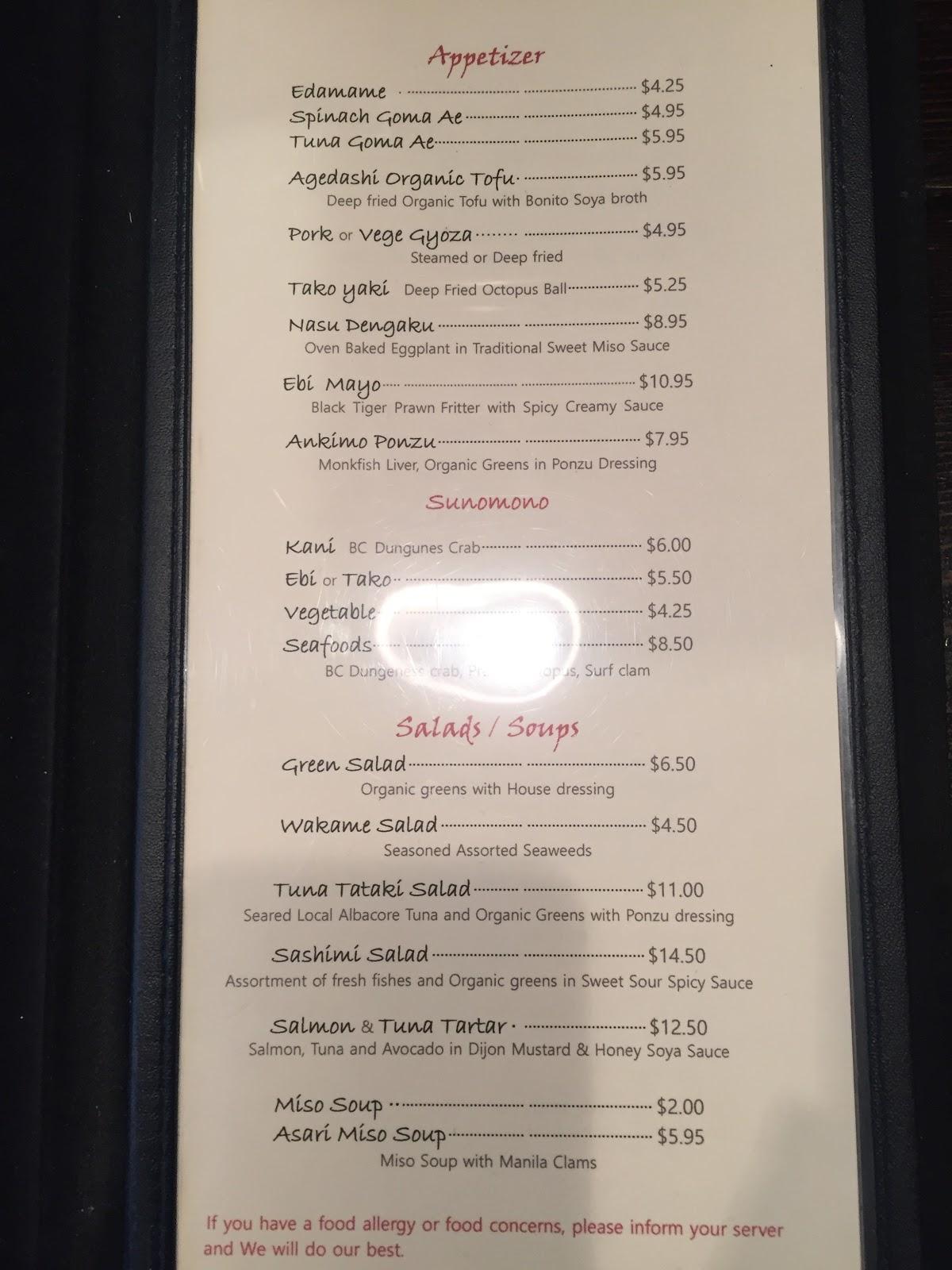 Menu at Irori Sushi restaurant, Vancouver