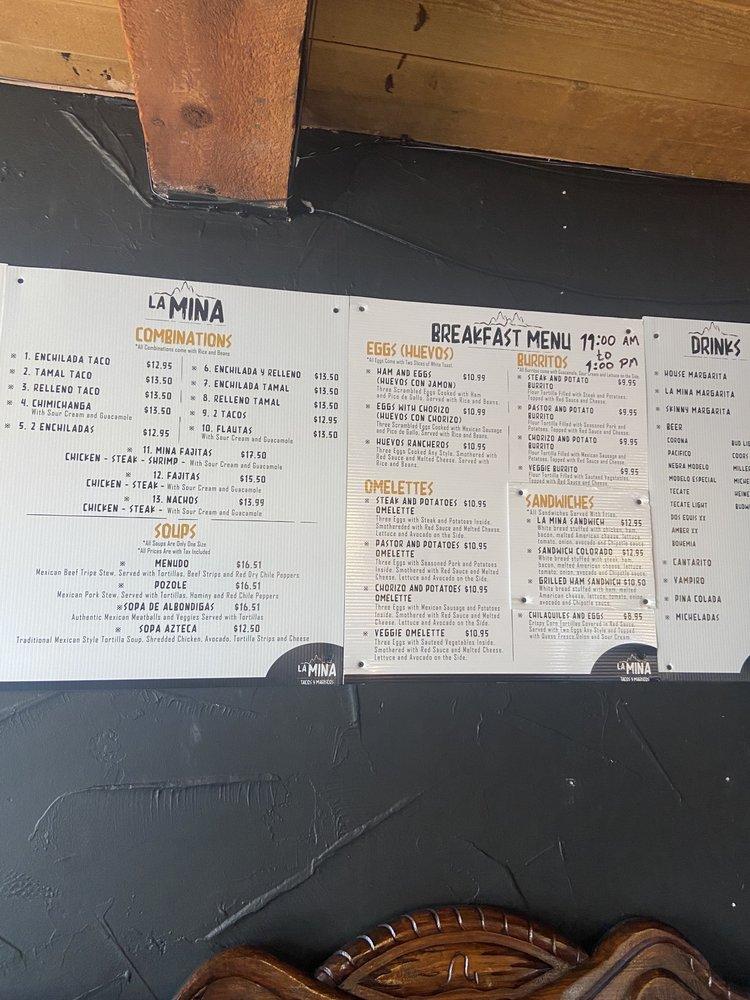 Menu at La Mina Tacos & Mariscos restaurant, Leadville