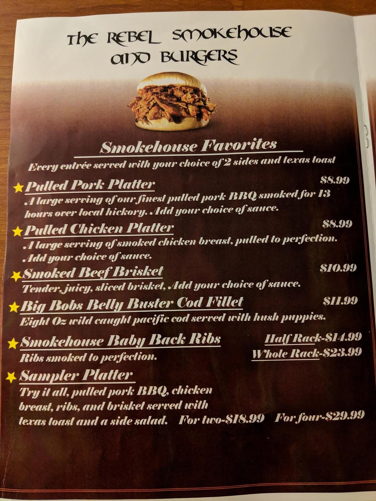 Menu at Rebel SmokeHouse and Burgers BBQ, Mullens