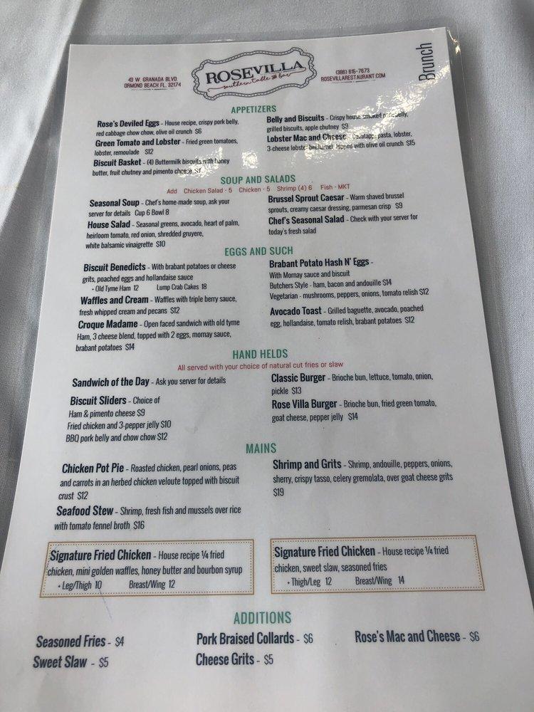 Menu at Rose Villa Restaurant, Southern Table and Bar, Ormond Beach