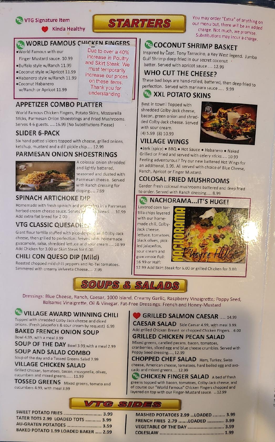 Menu at Village Tavern & Grill of South Elgin pub & bar, South Elgin