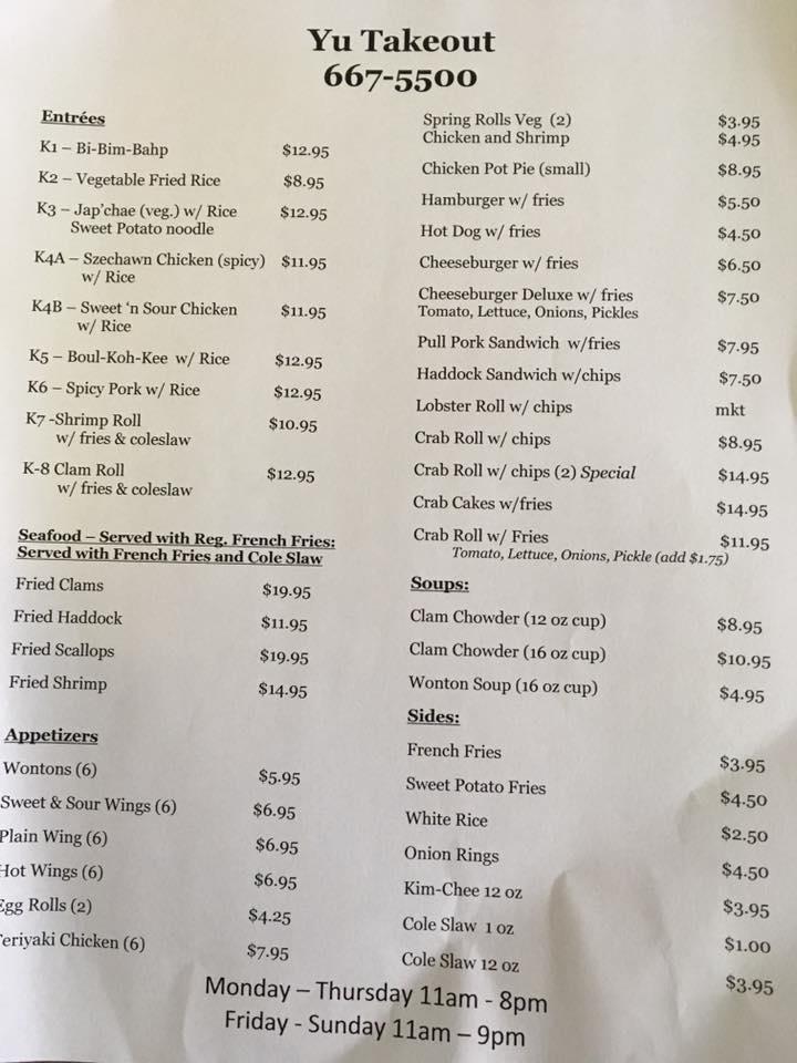 Menu at YU Take Out fast food, Hancock, 674 US-1