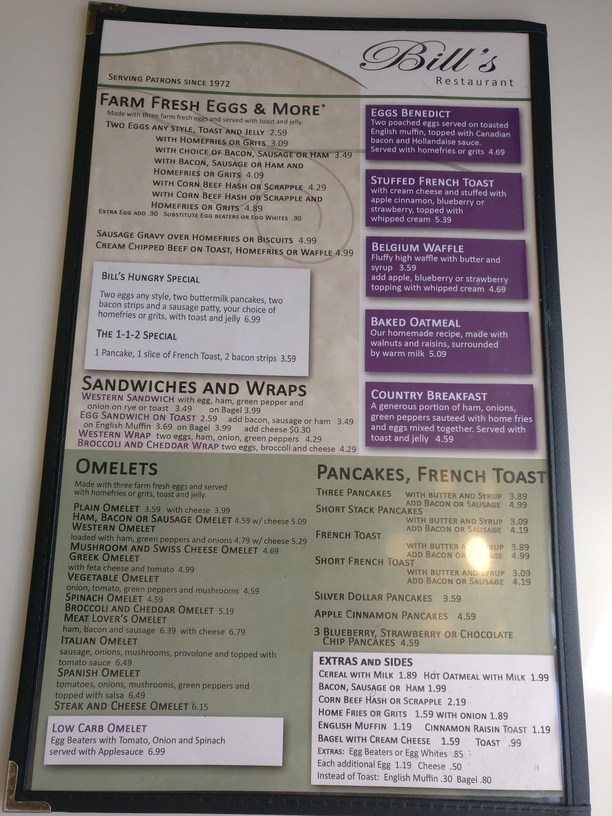 Menu at Bill's Restaurant, Hummelstown