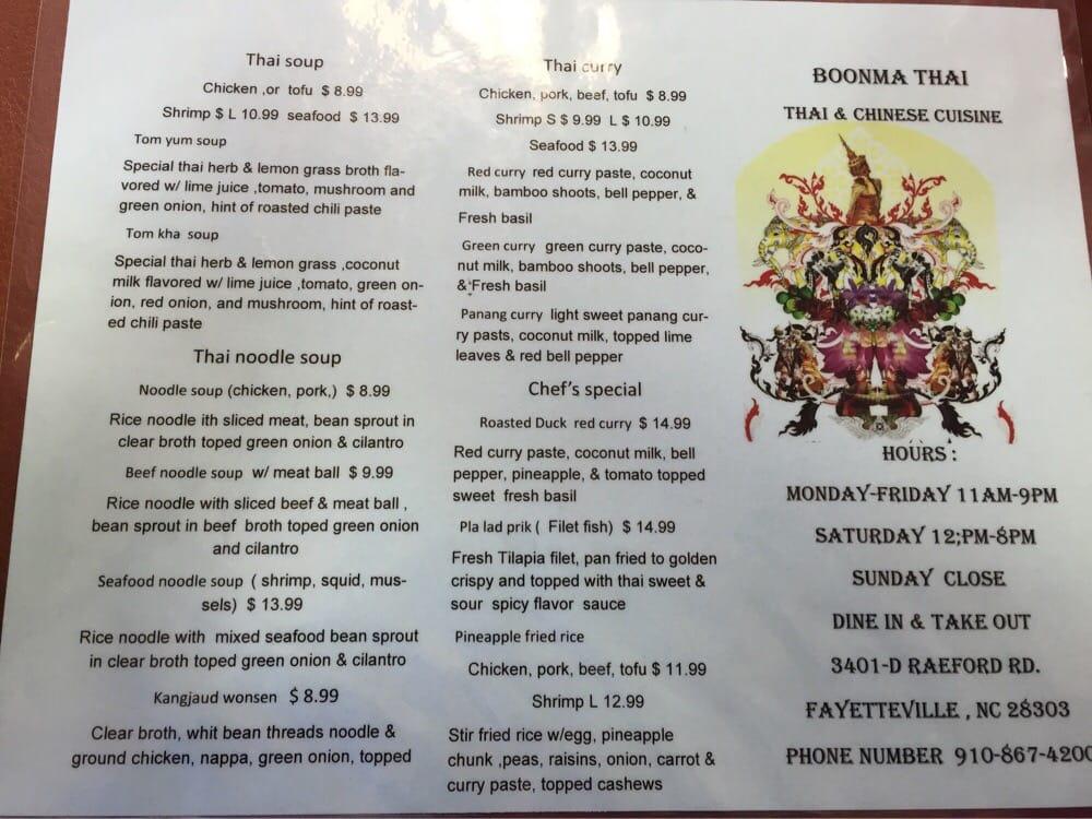 Menu at Boonma Thai restaurant, Fayetteville, Raeford Rd D