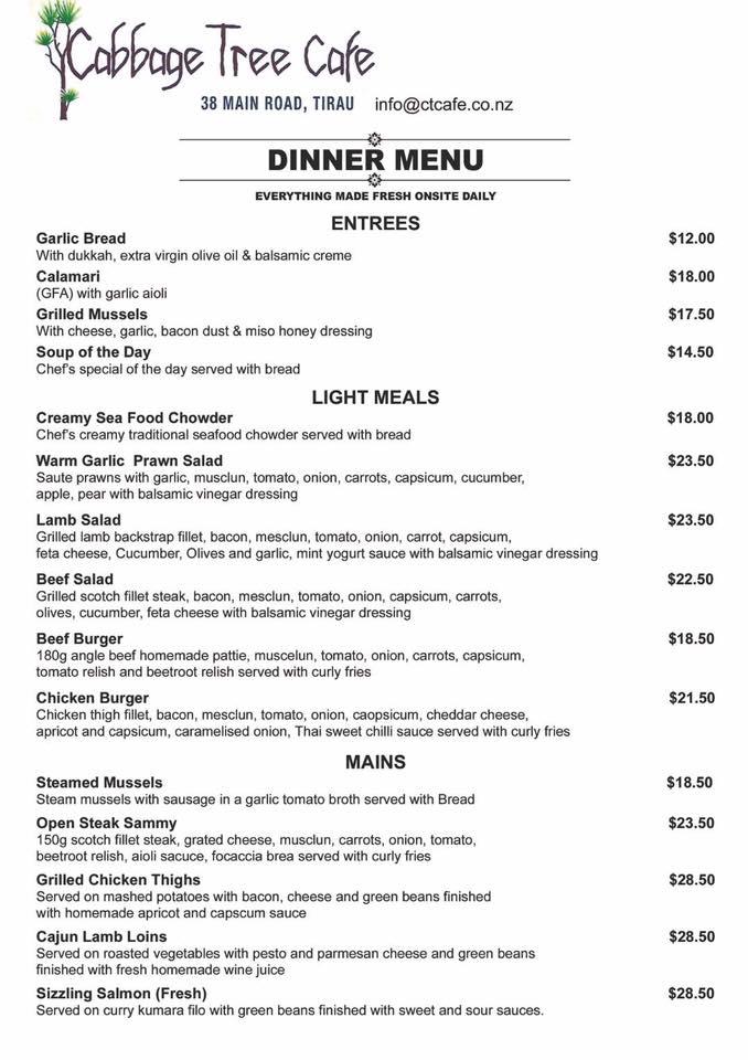 Menu at Cabbage Tree Cafe, Tirau
