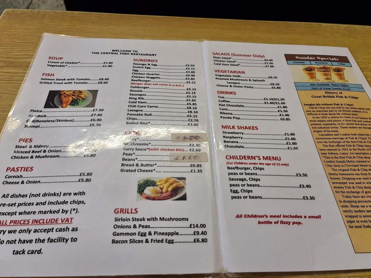 Menu at Central Fish Restaurant, Aberystwyth, 31 Chalybeate St