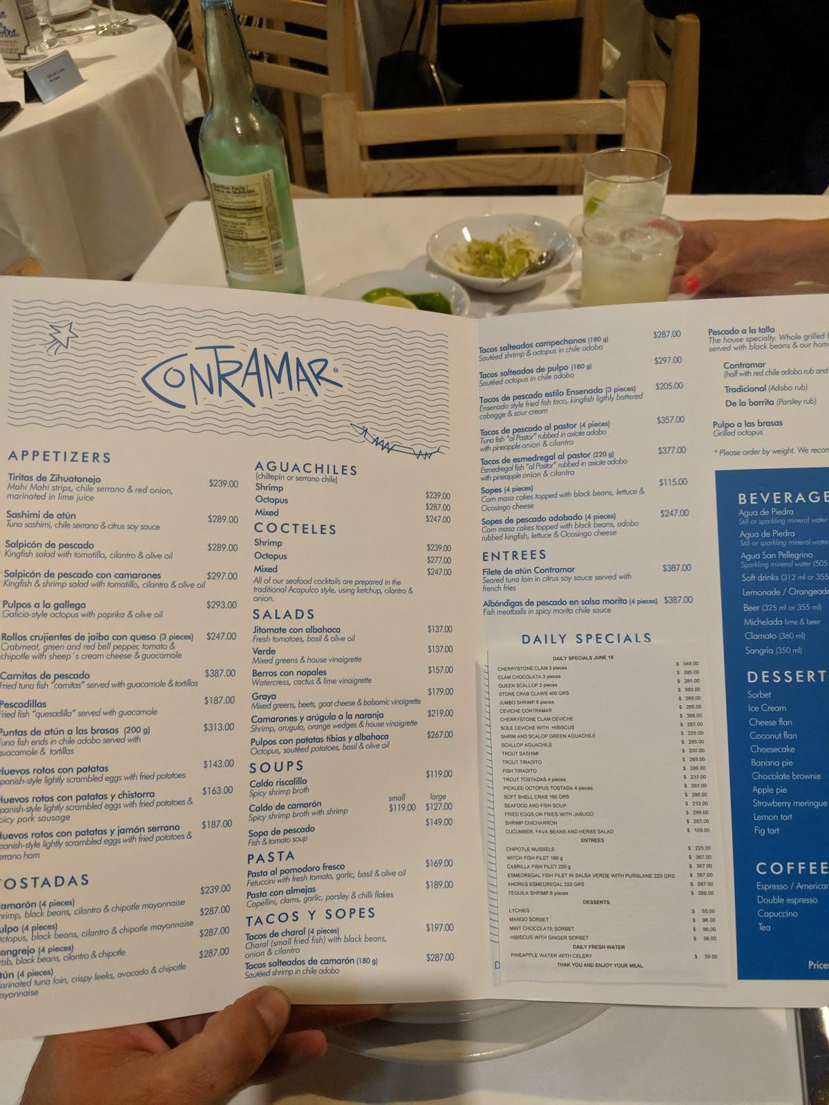 Carta del restaurante Contramar, Ciudad López Mateos, Calle del Durango 200