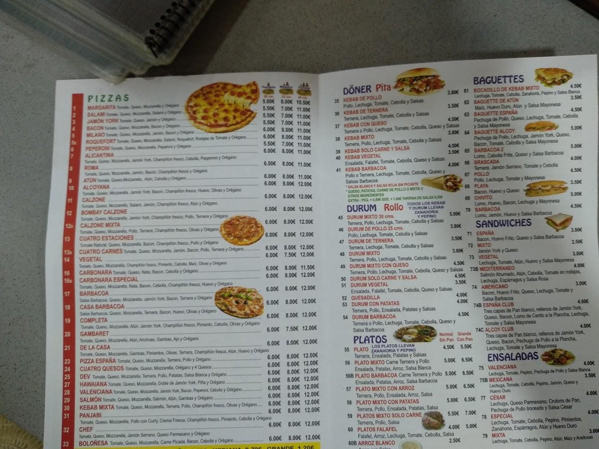 Menu at España doner kebab restaurant, Alcoi