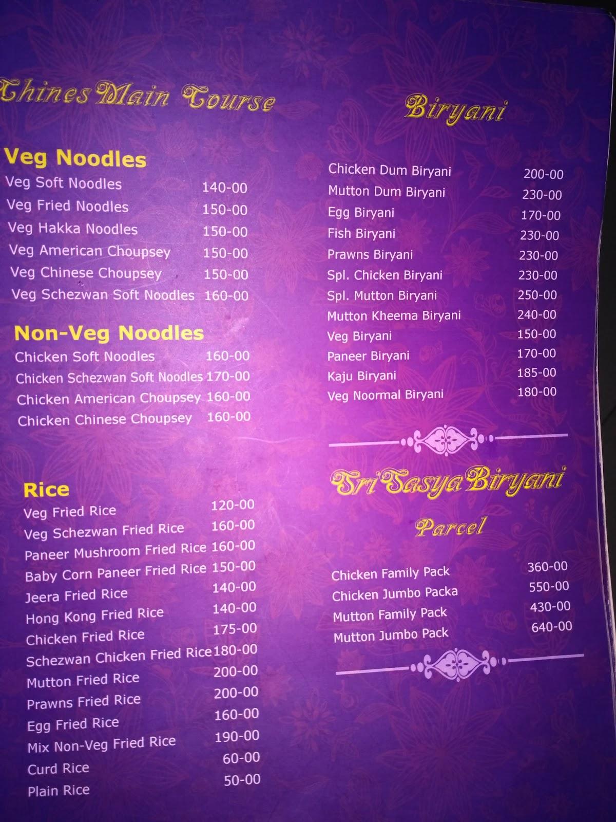 Menu at Hotel Sasya, Warangal