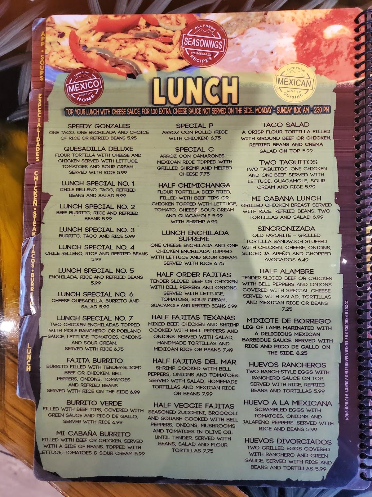Menu at Mi Cabana restaurant, New Bern