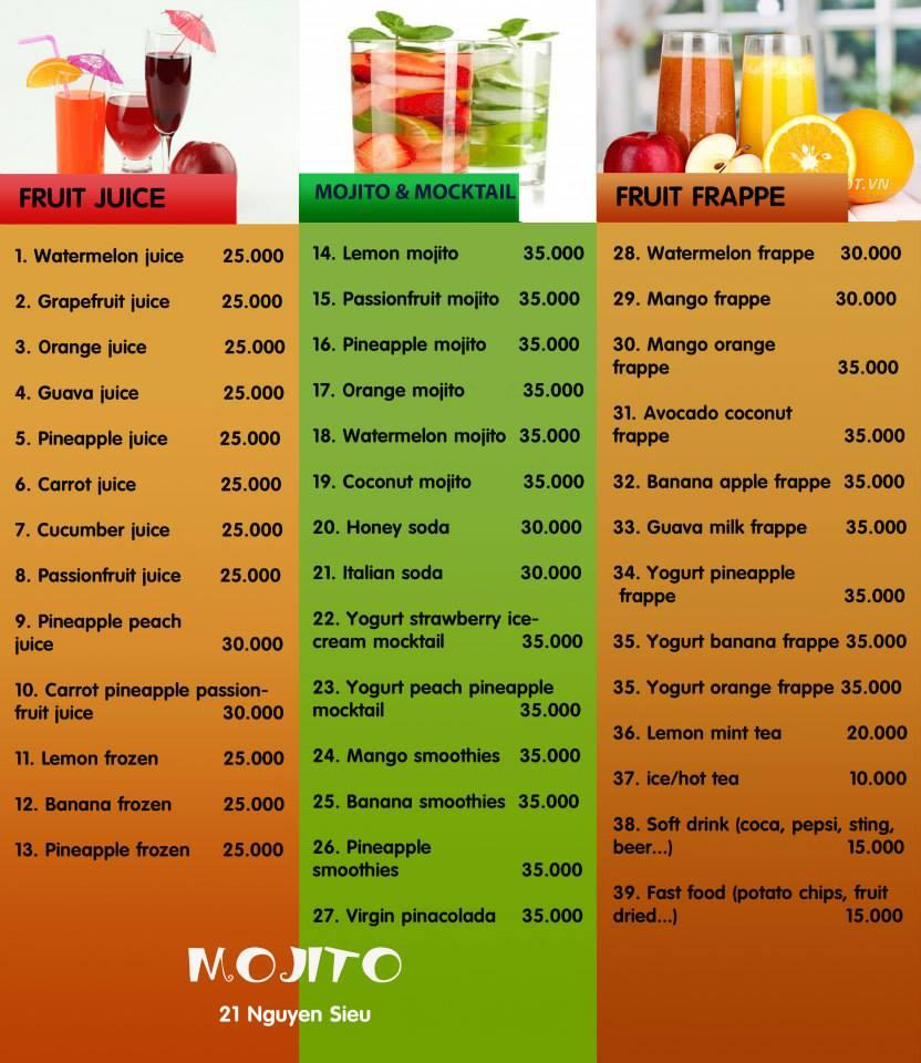 Menu at Mojito pub & bar, Hanoi, 21 Nguyễn Siêu