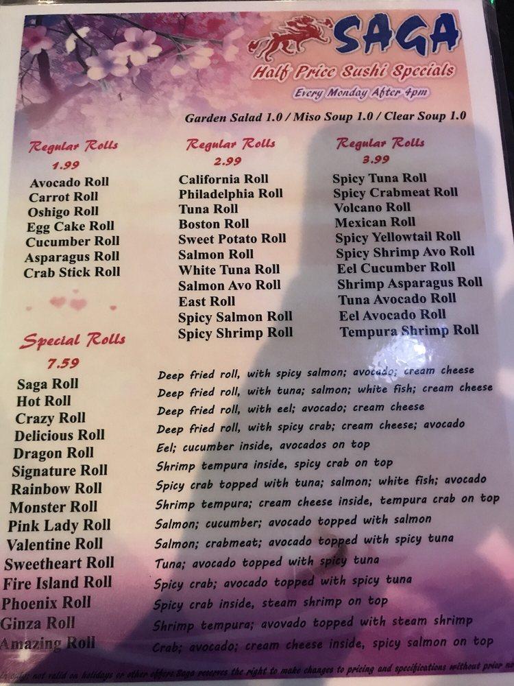 Menu at Saga Hibachi Steakhouse & Sushi Bar, Monroeville, 145 Mall Cir ...
