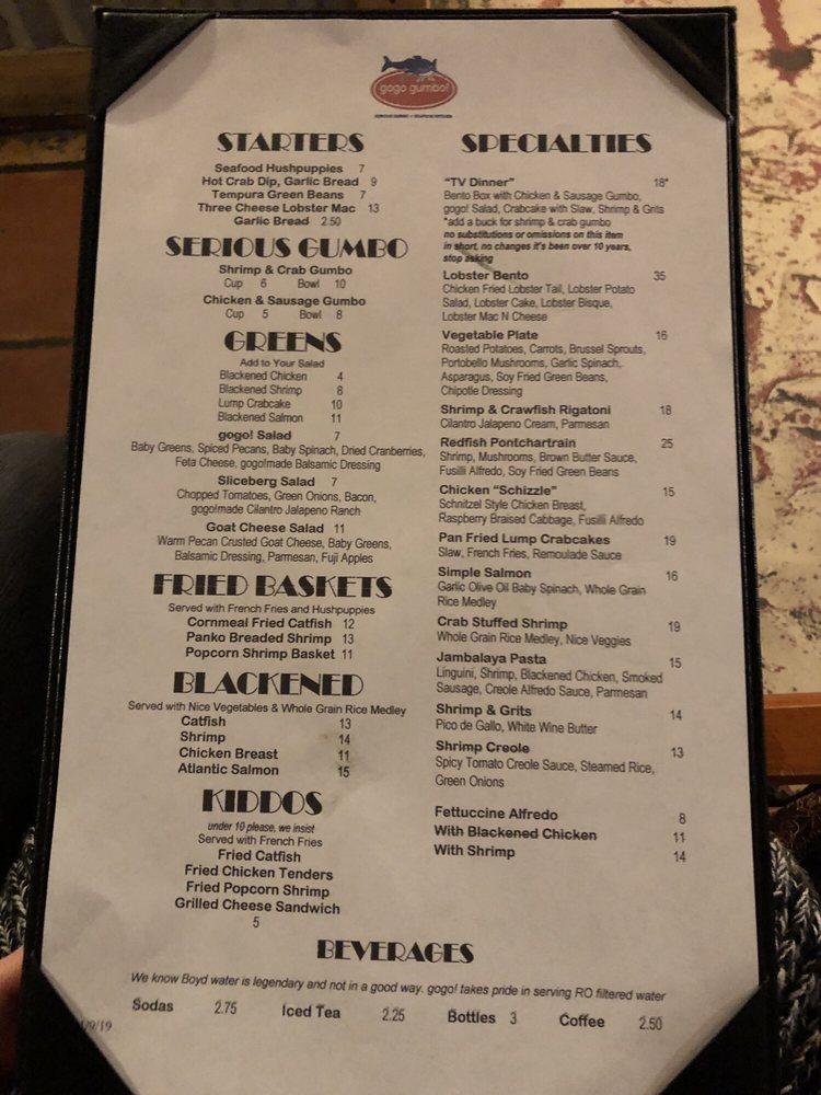 Menu at gogo gumbo! restaurant, Boyd