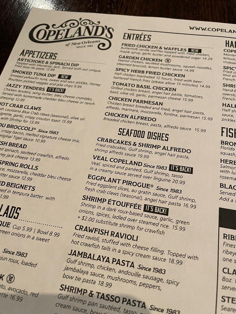 Menu at Copeland's of New Orleans restaurant, Kenner, W Esplanade Ave