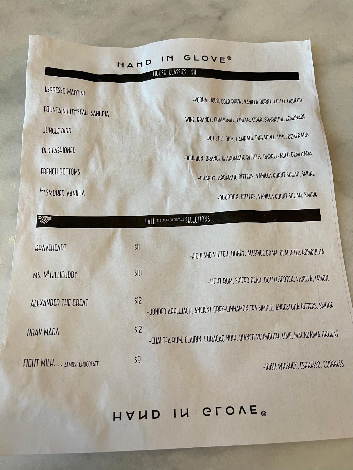 Menu at Hand in Glove pub & bar, Lee's Summit