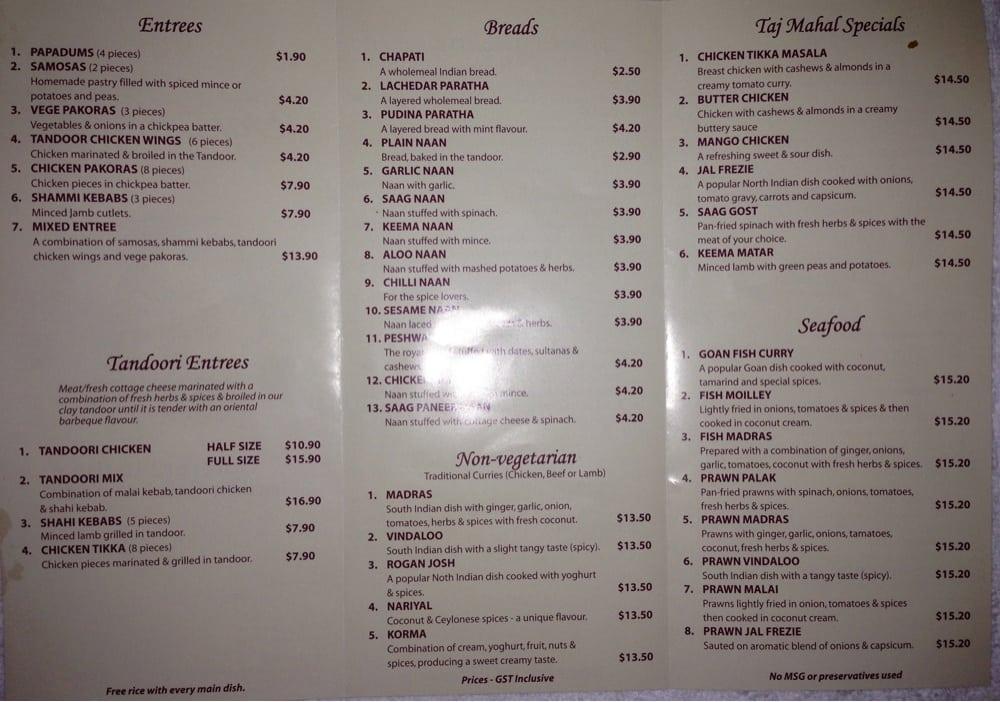 Menu at Taj Mahal Indian Cuisine restaurant, New Farm