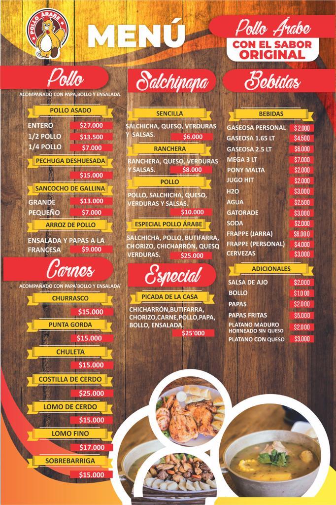 Menu at Asadero Pollo Árabe Que pollo restaurant, Valledupar