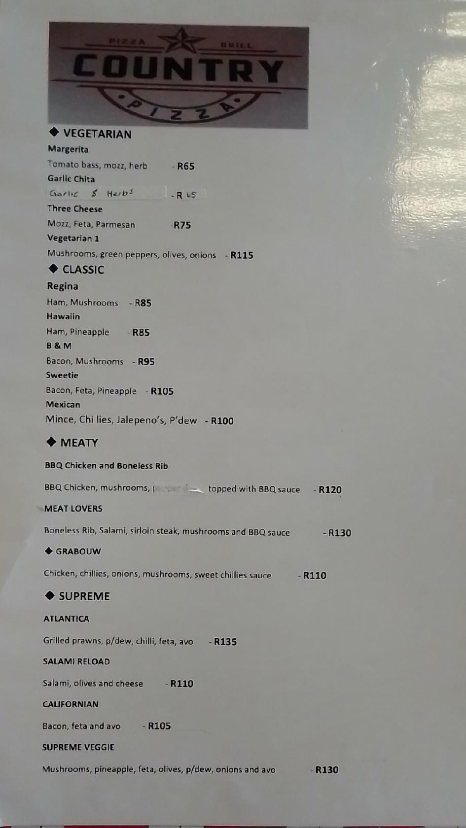 Menu au Country Pizza Wood-fired Grabouw pizzeria, Le Cap