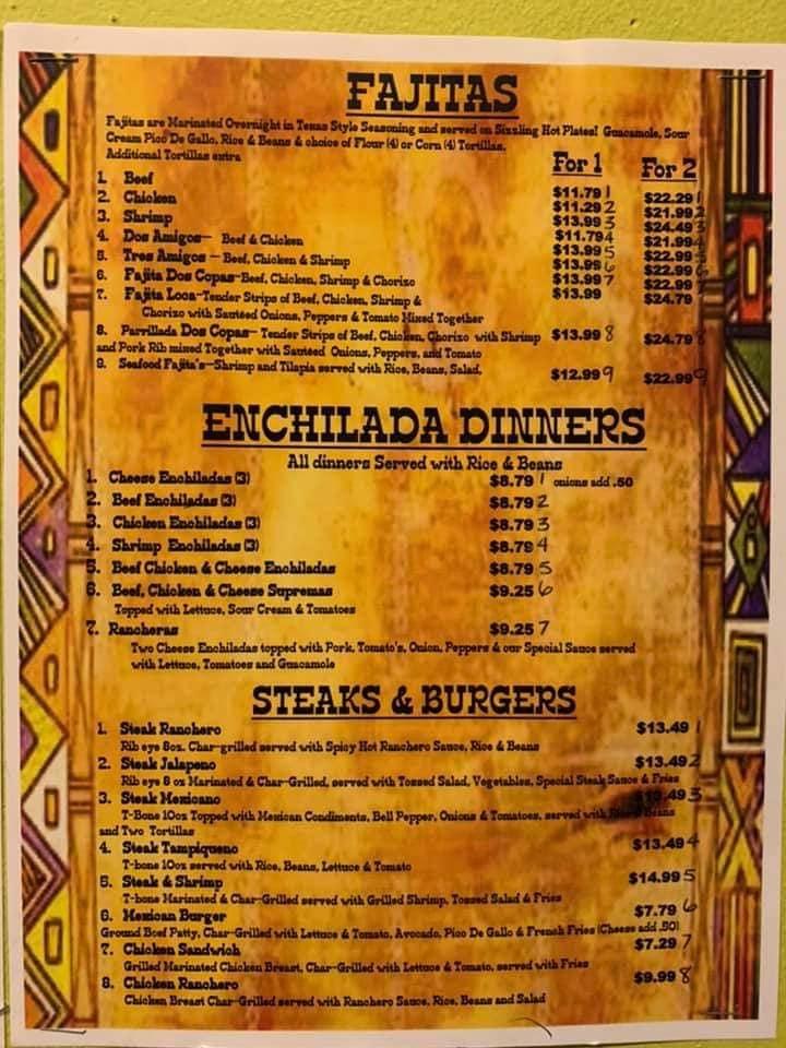 Menu at Dos Copas Mexican Grill restaurant, Madisonville