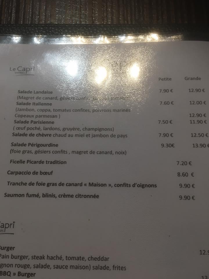 Menu at Le Capri restaurant, Fitz-James, 14 Rue Antoine-Laurent Lavoisier