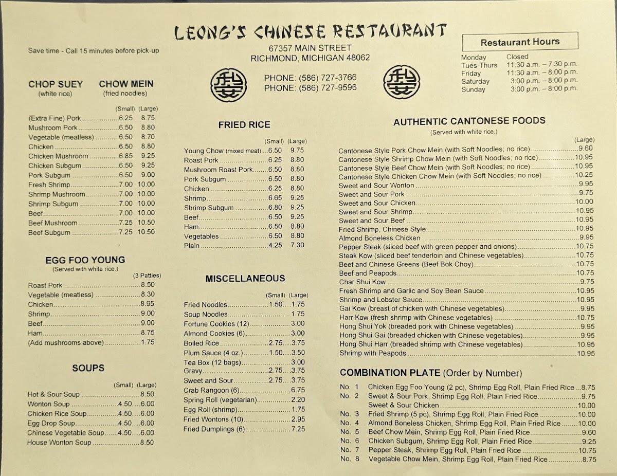 Menu at Leong Chinese Restaurant, Richmond