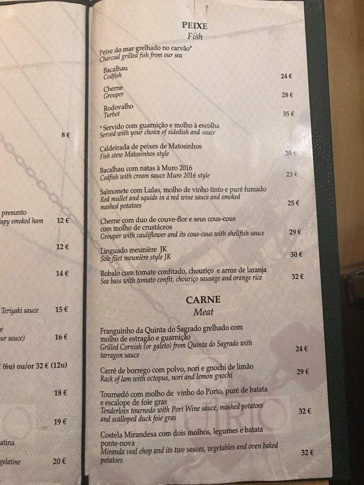 Menu at O Muro restaurant, Porto, Cais da Estiva