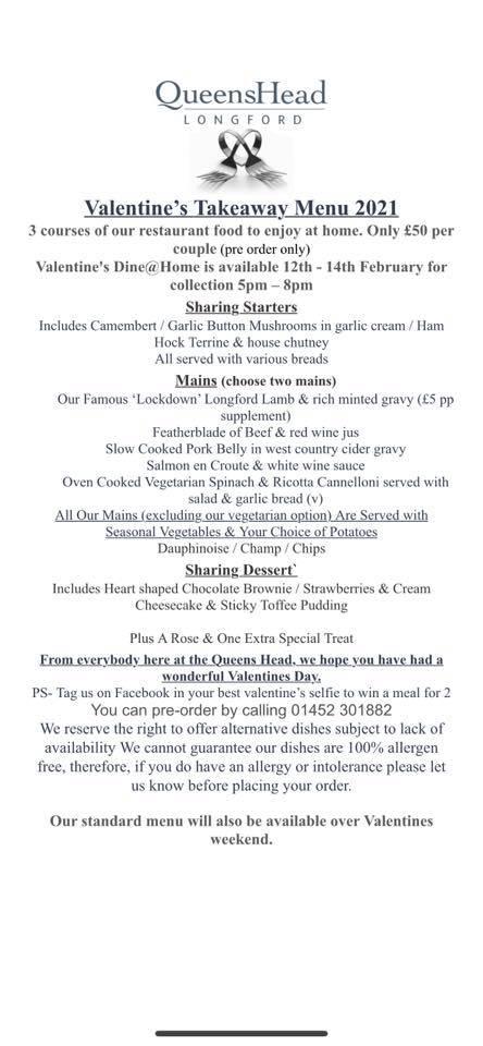 Menu at Queens Head Longford pub & bar, Gloucester, Queens Head Inn